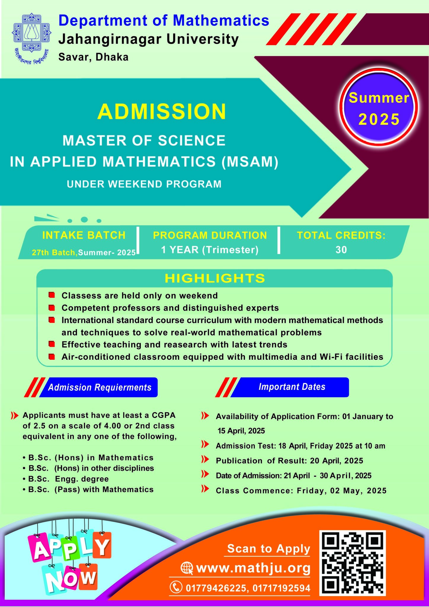 Admission Summer- 2025 , 27th Batch , Master of Science in Applied ...